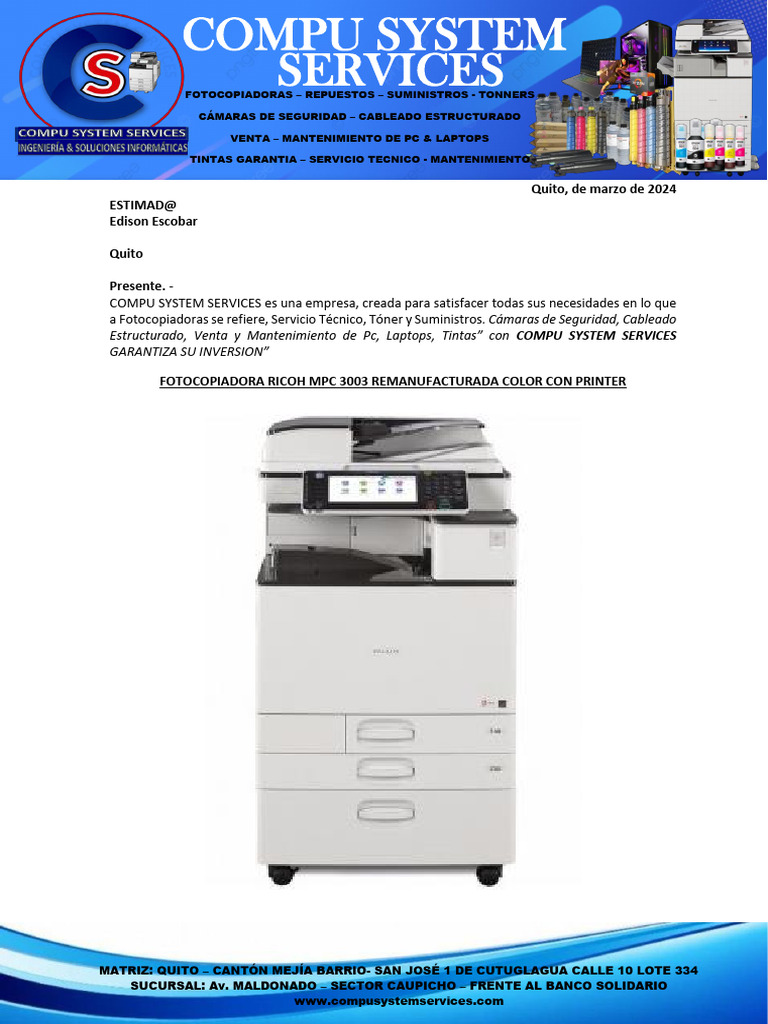 COTIZACION MP C3003, 3504, 4504ex EDISON-ESCOBAR | PDF | Impresora ...