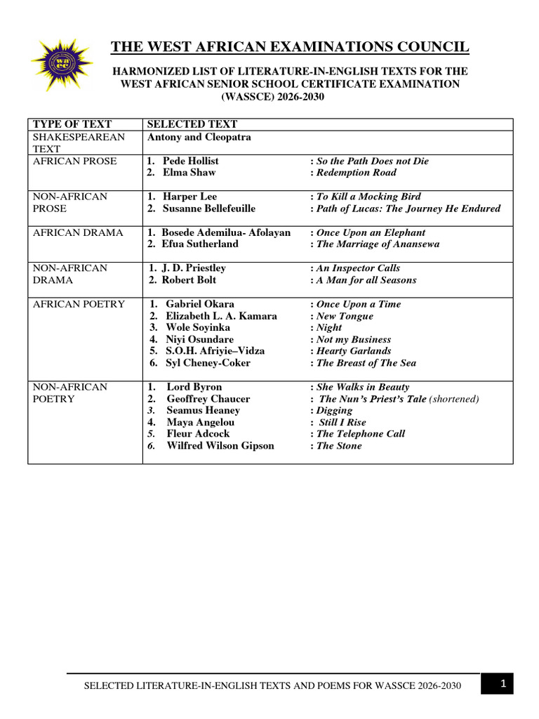 2026-2030 Selected Literature Texts. | PDF