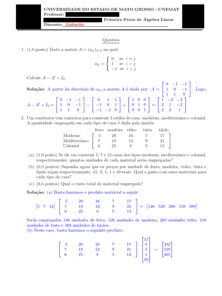 1º Prova Gabarito - Álgebra Linear | Download grátis PDF | Álgebra | Álgebra linear