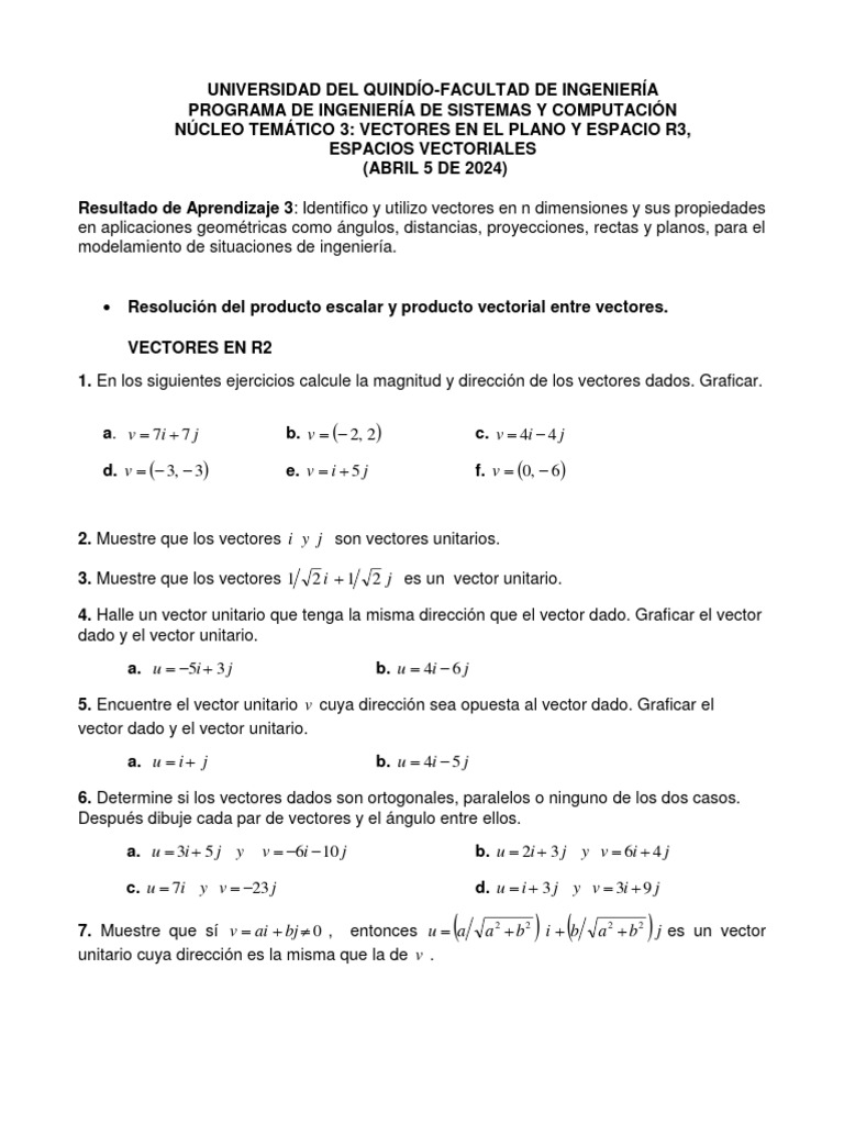 Taller 3. Nucleo Temático 3 - Vectores en El Plano y Espacio r3 ...