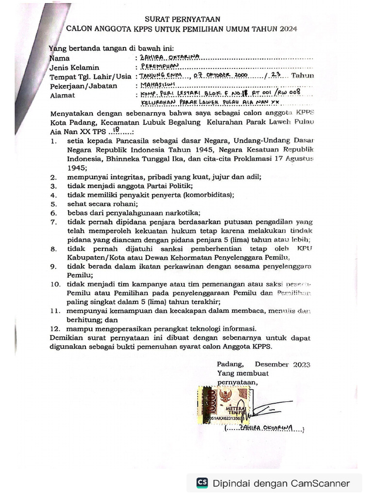 Zahira Oktarina - Surat Pernyataan - TPS 18 | PDF