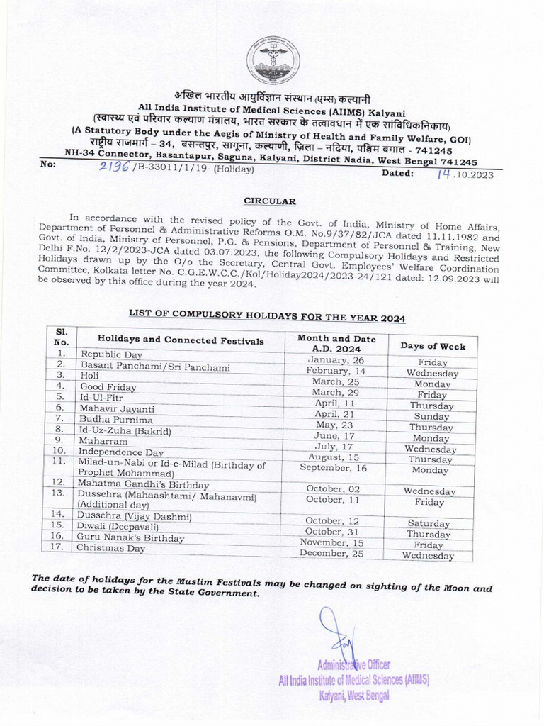 Holiday List 2024 | PDF