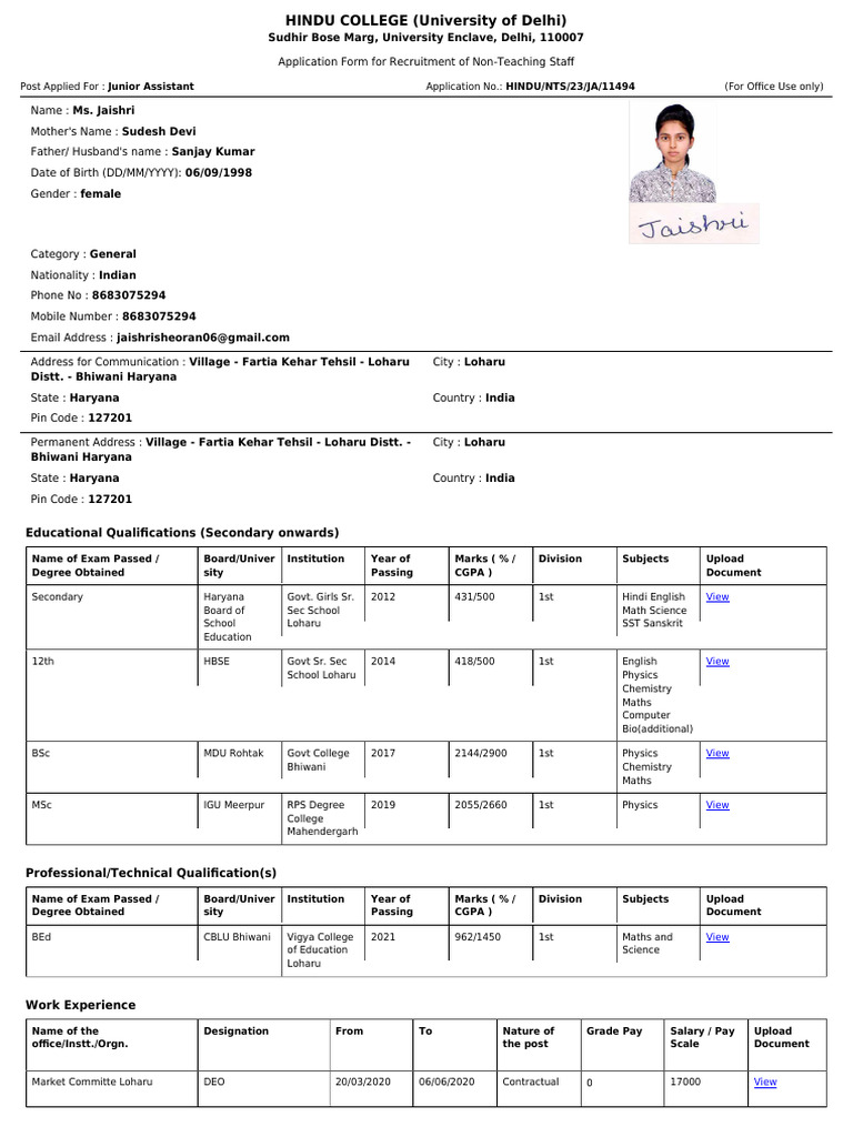 Hindu College Junior Assistant Application | PDF