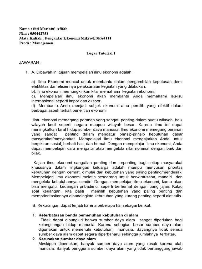 Tugas Tutorial 1 Pengantar Ekonomi Mikro | PDF