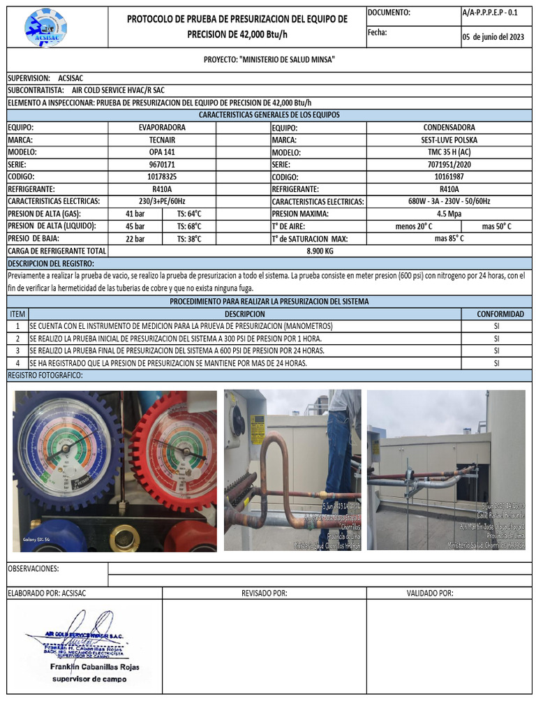 Protocolos de Pruebas Equipo de Precision 42,000 Btu | Descargar gratis PDF | Presión | Refrigerante