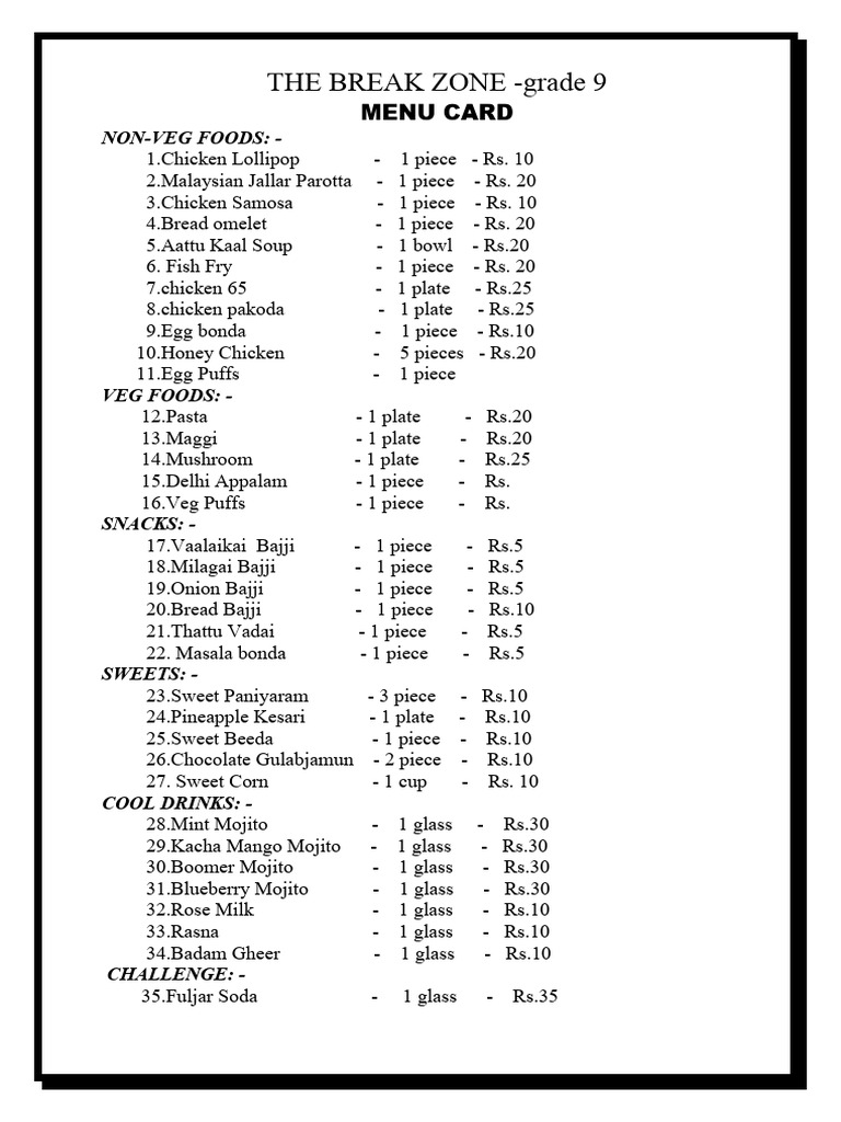 Grade 9 Menu Card for The Break Zone | PDF