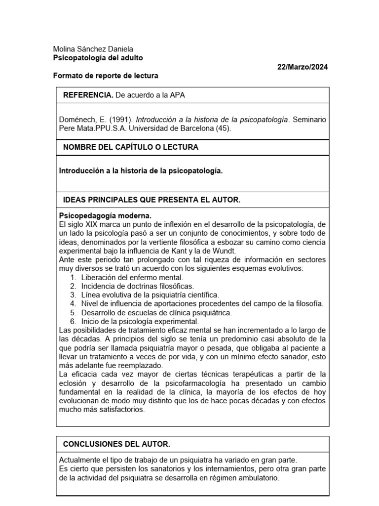 Formato de reporte de lectura. Libro 2 | PDF | Psiquiatría | Sicología