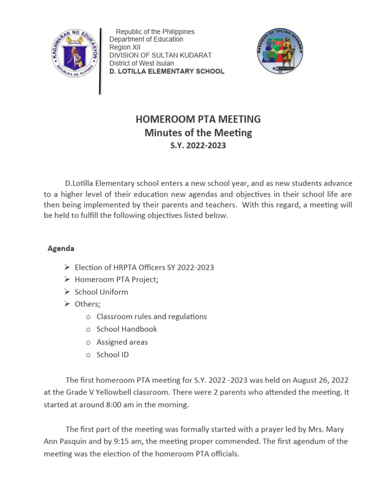 Homeroom PTA Meeting Minutes 2022-2023 | PDF | Educational Institutions ...
