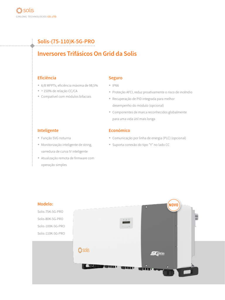 Solis Datasheet Solis - (75-110) K-5G-PRO BRA V1,0 2024 01 | PDF | Potência (Física) | Eletrônicos