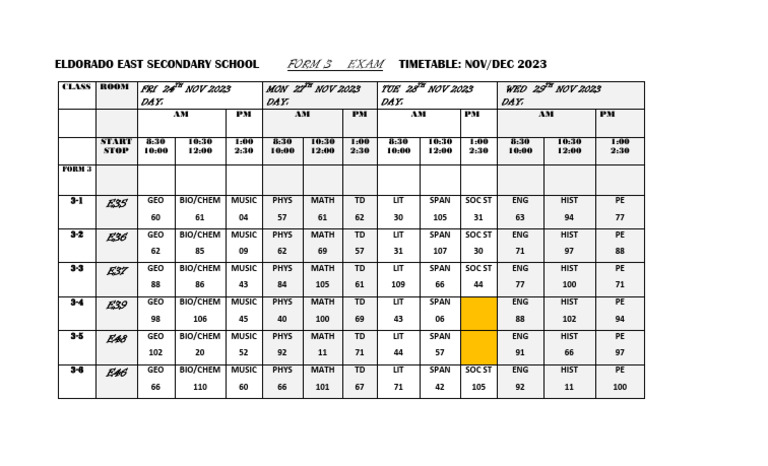Form 3 Term Exam Timetable (2023 - 2024) | PDF