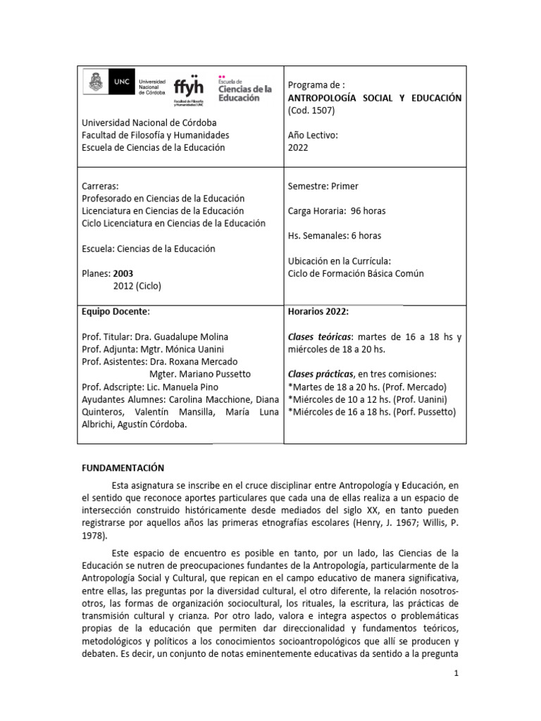 Antrop. Social y Educación PROGRAMA 2022 | PDF | Antropología | Antropología cultural