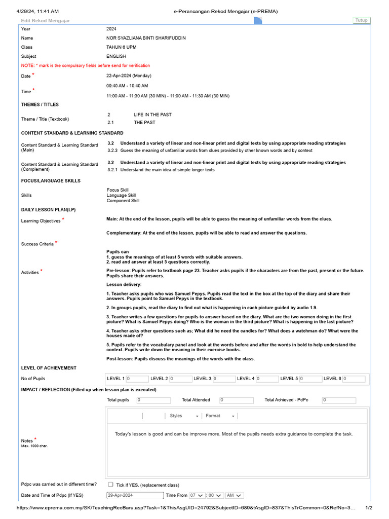 E-Perancangan Rekod Mengajar (e-PREMA) | PDF | Lesson Plan | Pedagogy