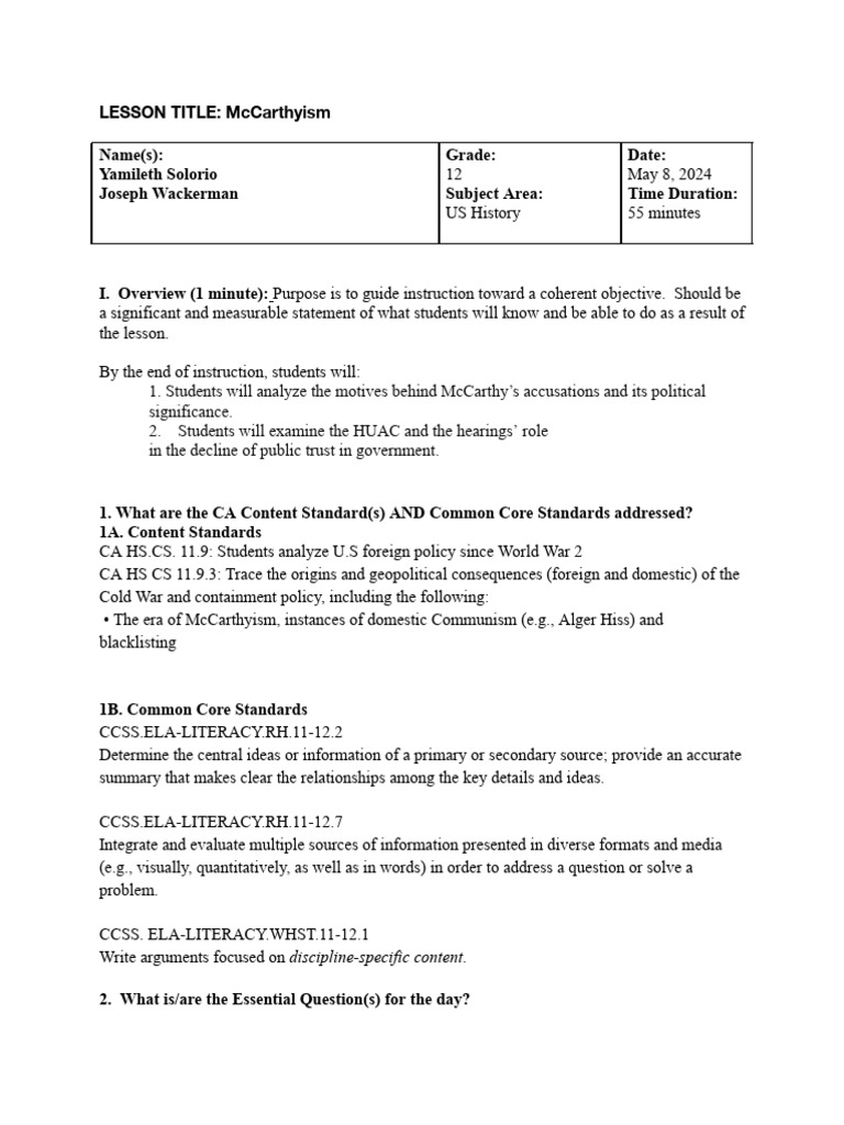 Lesson Title Mccarthyism | PDF | Lecture | Mc Carthyism