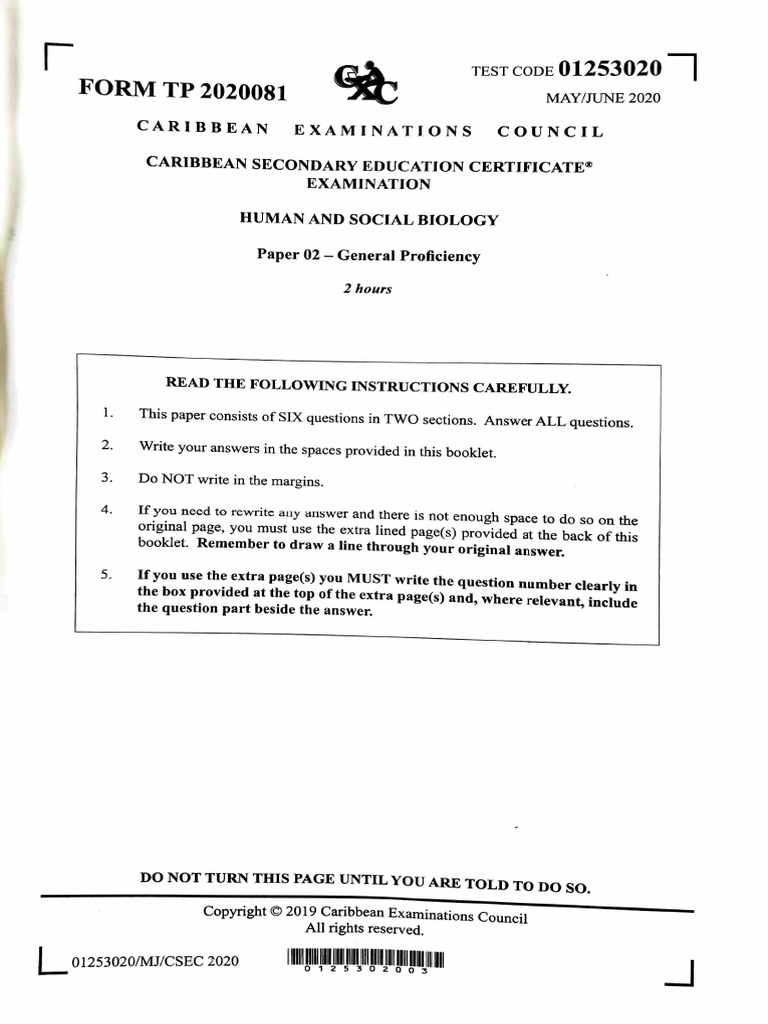 CSEC HSB June 2020 Paper 2 | PDF | Meiosis | Ploidy