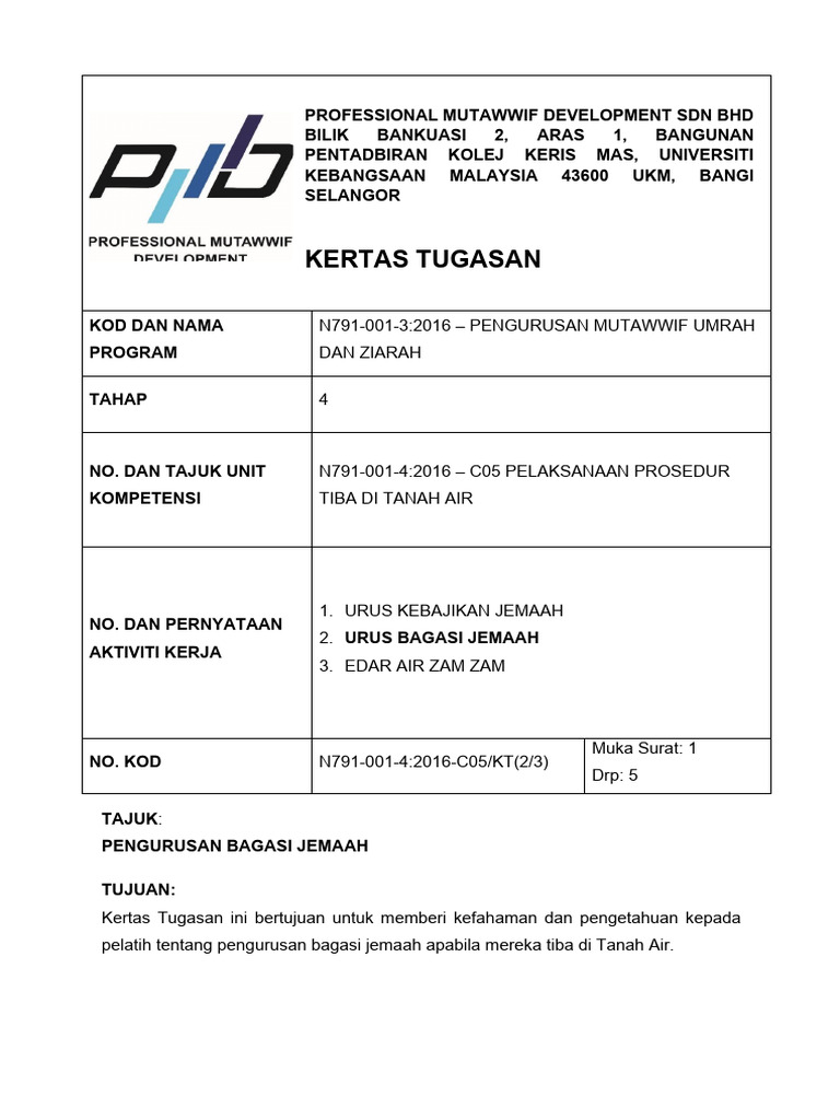 Module Diploma Mutawwif Profesional Tahap 4 - C5 - 2.3 (Kertas Tugasan) | PDF