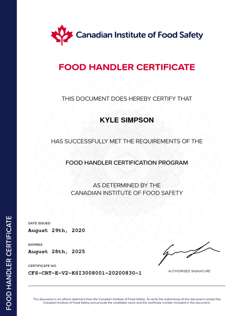 Kyle Simpson Food Handling Certificate | PDF