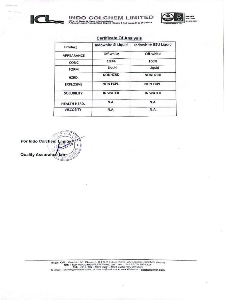 Coa & MSDS Indowhite | PDF