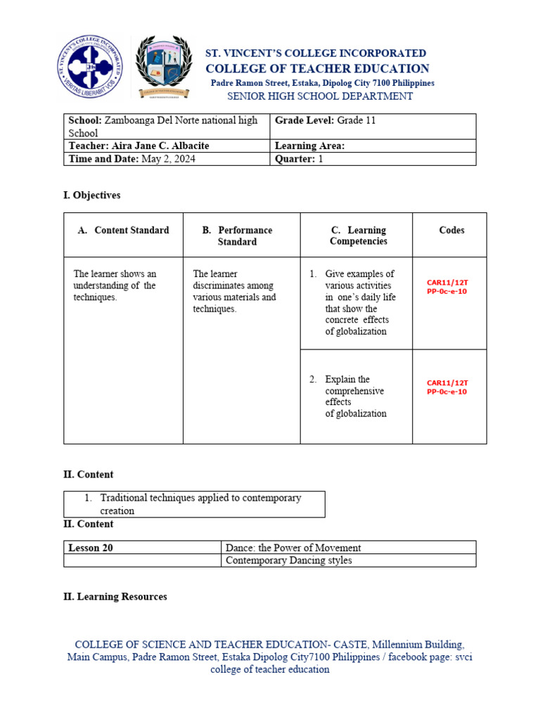Semi Detailed Lesson Plan ALBACITE CPAR | PDF | Dances | Teachers