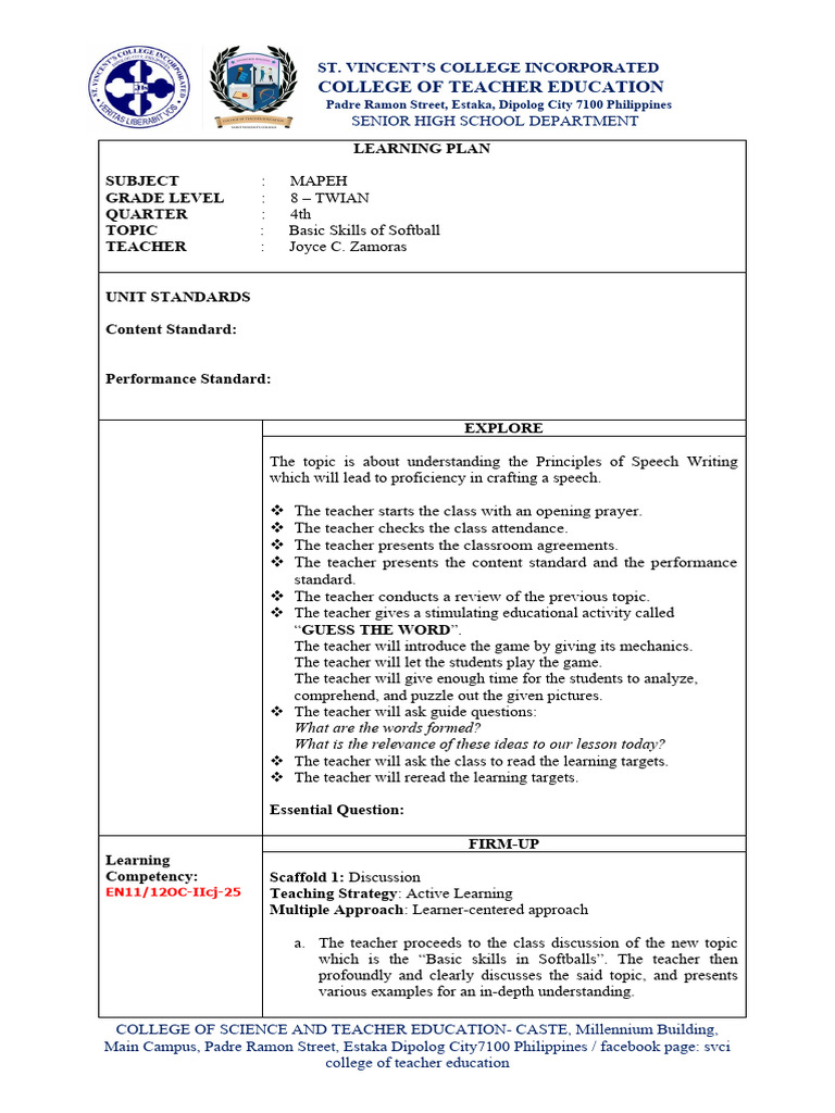Final Demo Learning Plan | PDF | Softball | Teachers