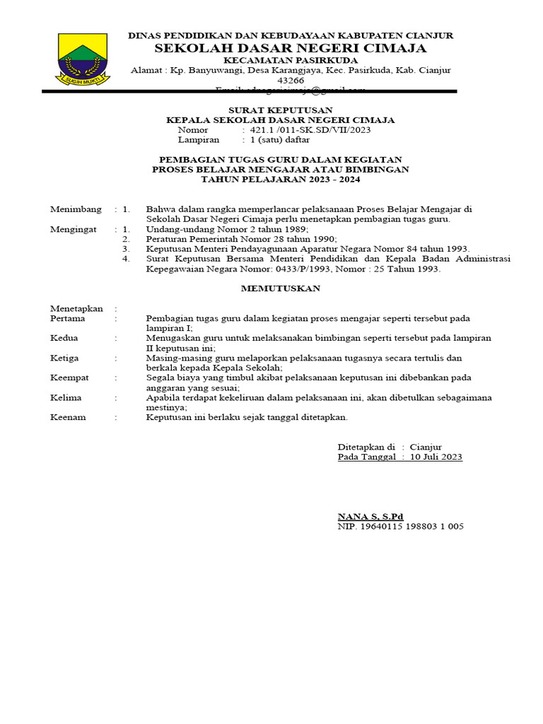 SK Pembagian Tugas Terbaru 2020 2021 2022 | PDF