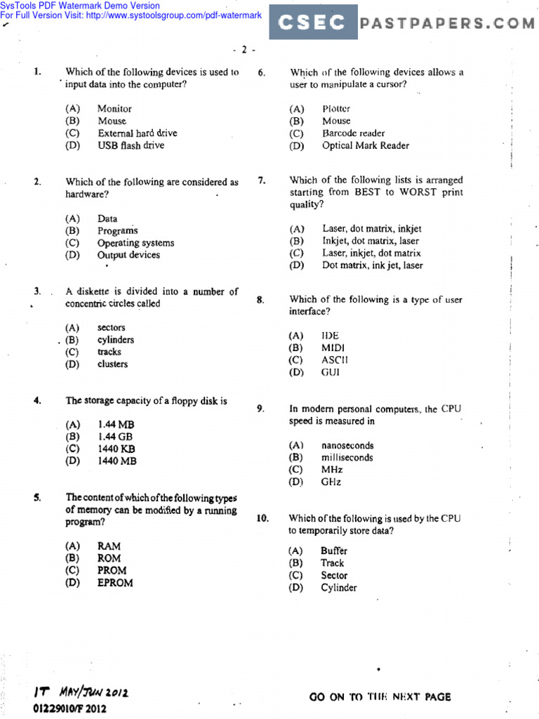 CSEC IT June 2012 Paper 1 | PDF | Computer Data Storage | Input/Output