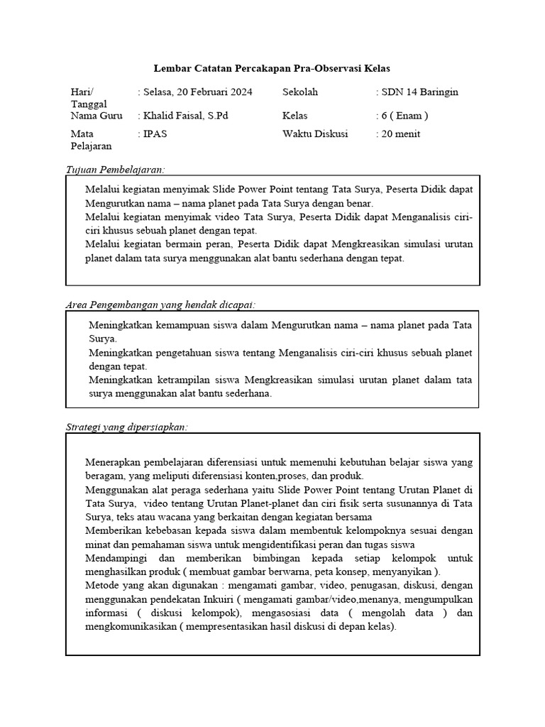 1 - Lembar Catatan Percakapan Pra-Observasi Kelas | PDF | Karier & Perkembangan | Pengembangan Diri