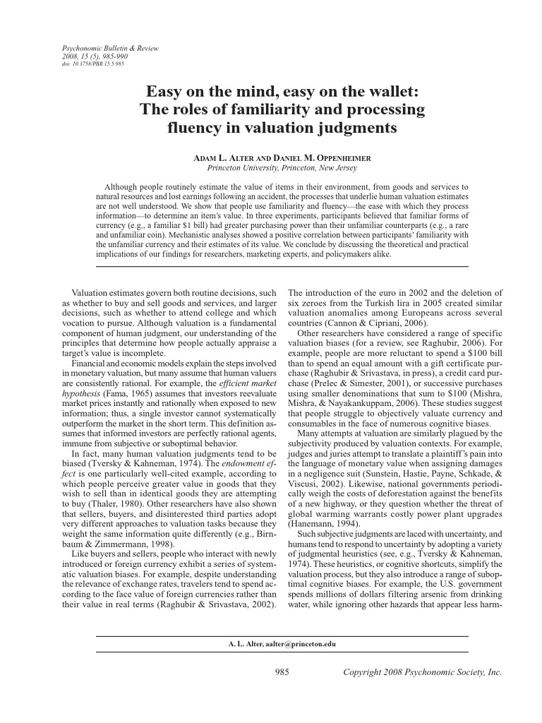 Easy On The Mind, Easy On The Walletthe Roles of Familiarity and Processing Fluency Invaluation ...