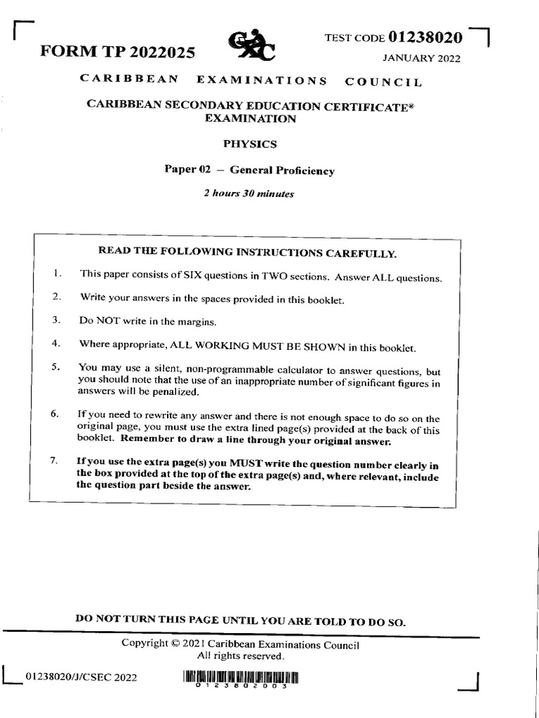 CSEC Physics Paper 2 Concepts 2022 | PDF