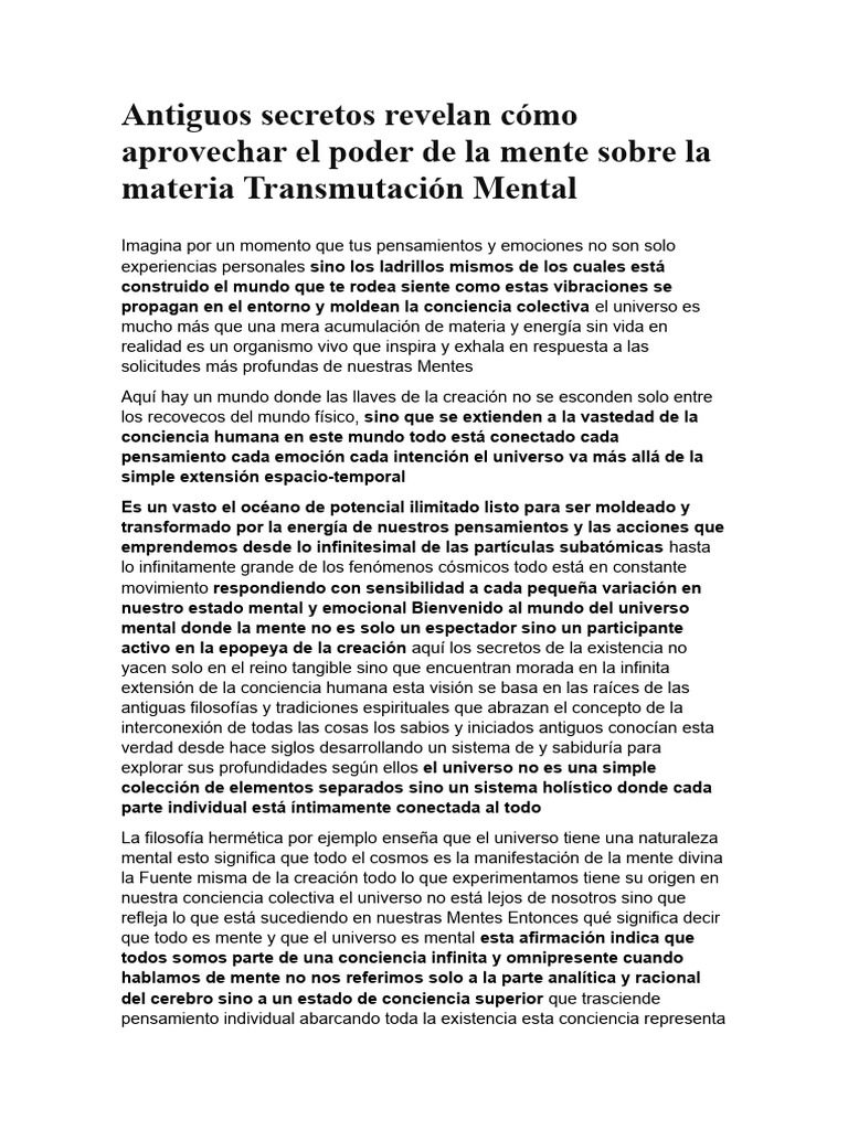 Antiguos Secretos Revelan Cómo Aprovechar El Poder de La Mente Sobre La ... Antiguos Secretos Revelan Cómo Aprovechar El Poder de La Mente Sobre La ...