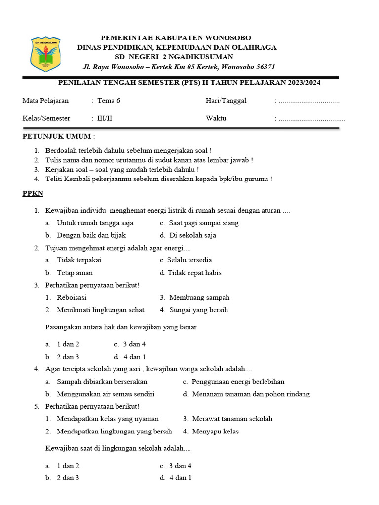 Soal PTS Tema 6 Kelas 3 S Mster 2 | PDF