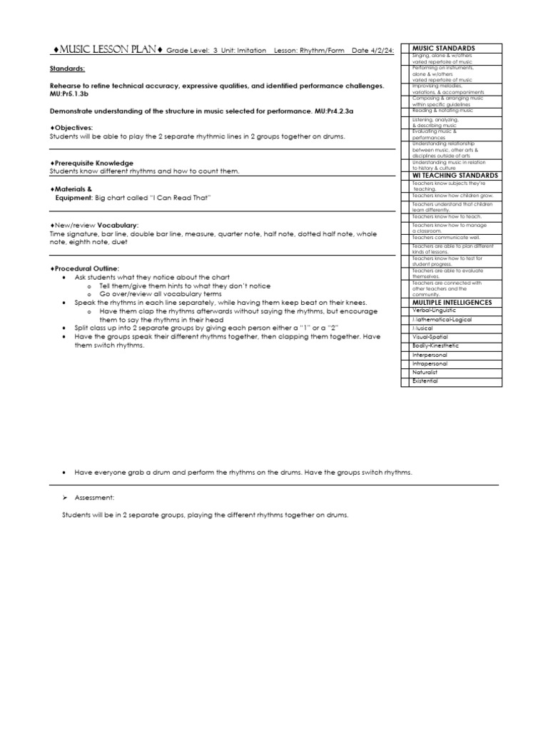 Grade 3 Rhythm Lesson Plan | PDF | Teachers | Rhythm