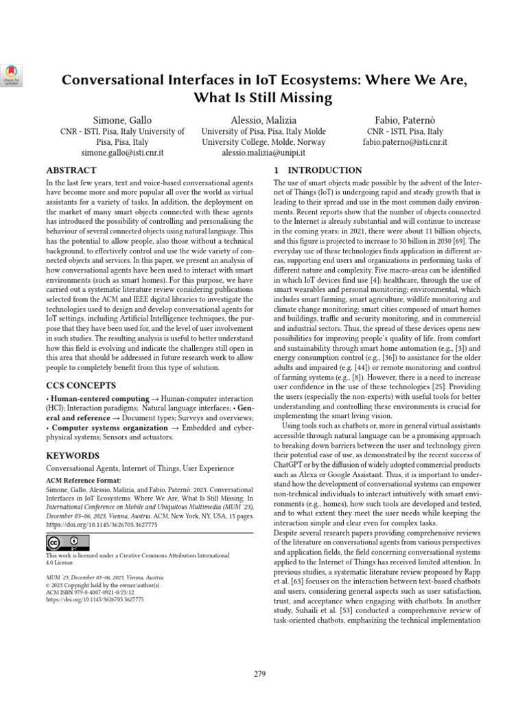 Conversational Interfaces in IoT Ecosystems Where We Are What Is Still Missing | PDF | Internet ...