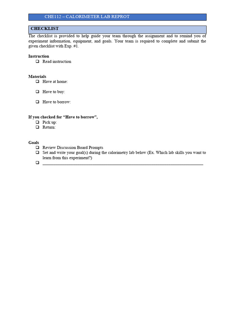 CHE112 Exp. 1 - Calorimeter Experiment | PDF | Heat | Temperature