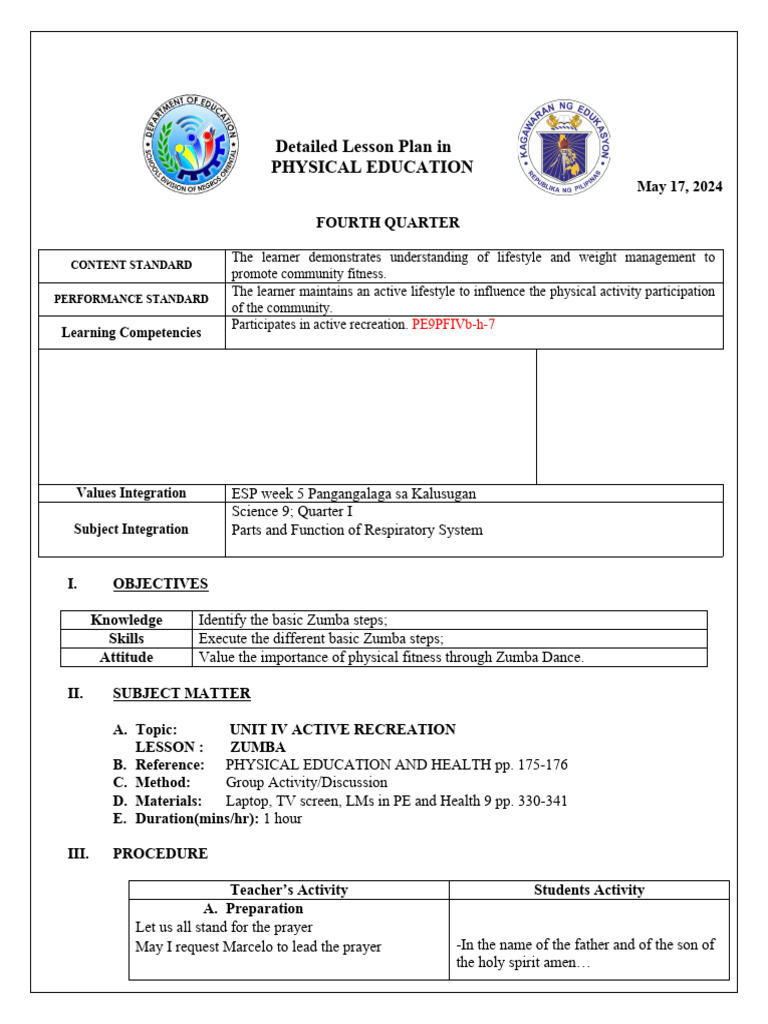 Detailed Lesson Plan in Zumba | PDF | Physical Fitness