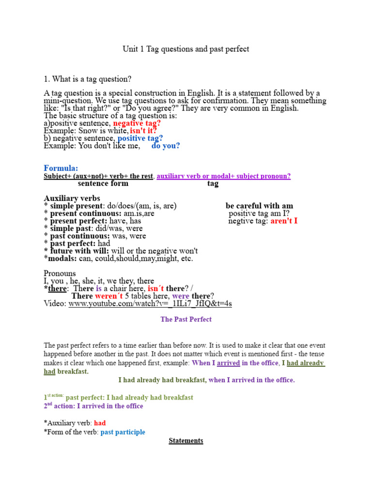 Unit 1 Tags and Past Perfect | PDF | Verb | Syntax