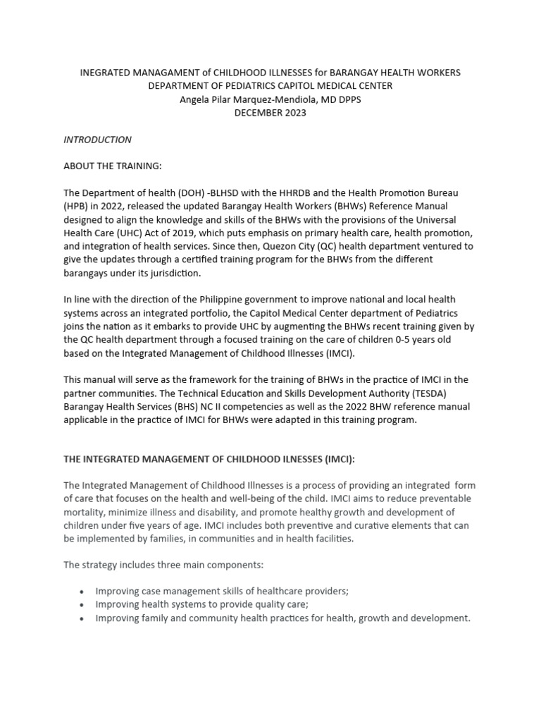 INEGRATED MANAGAMENT of CHILDHOOD ILLNESSES For BARANGAY HEALTH WORKERS ...