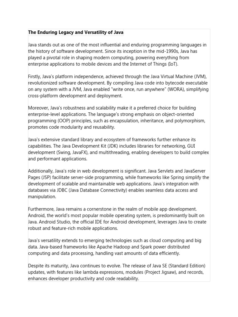 The Enduring Legacy And Versatility Of Java Pdf Java Programming Language Computer Science