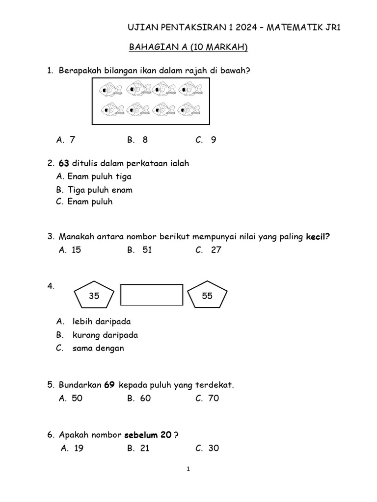 Math Tahun 1 Ujian 1 2024 Pdf