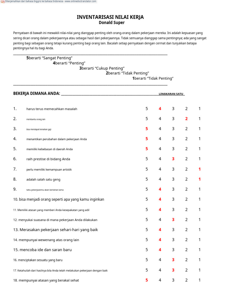 Work-Values-Inventory en Id | PDF