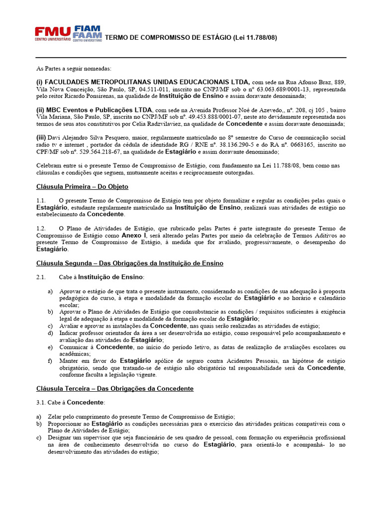 TERMO-DE-COMPROMISSO-DE-ESTAGIO-FMU-FIAM-FAAM - Davi Alejandro Silva Pesquero Oficial | PDF ...
