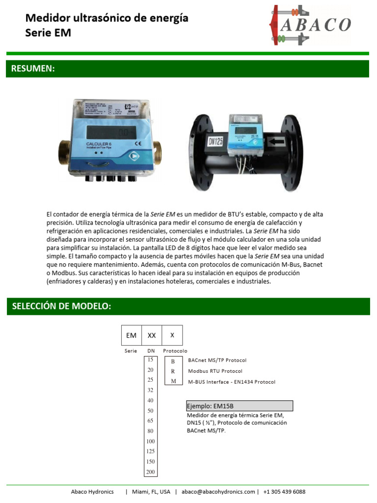EM Series - Ultrasonic BTU Meter - ES | PDF | Sensor | Agua