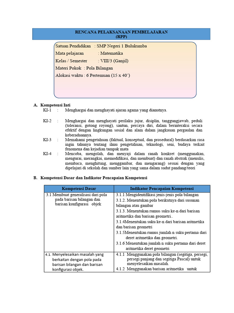 RPP KD 3.1 & 4.1 (Pola Bil, Barisan & Deret) | PDF | Metode & Bahan Ajar