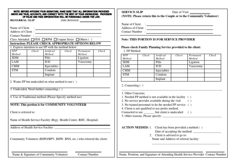Family Planning Service Referral Slip | PDF | Public Health | Family ...