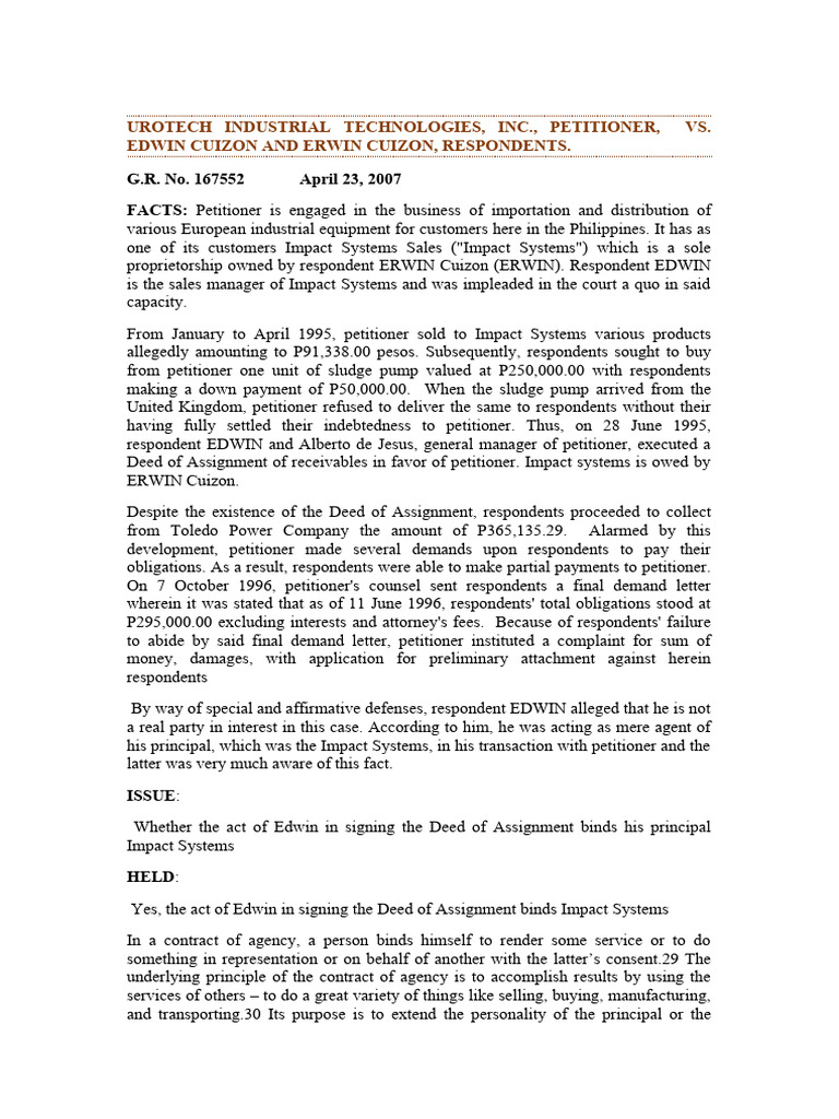 Urotech vs. Cuizon: Agency Liability Case | PDF | Law Of Agency ...