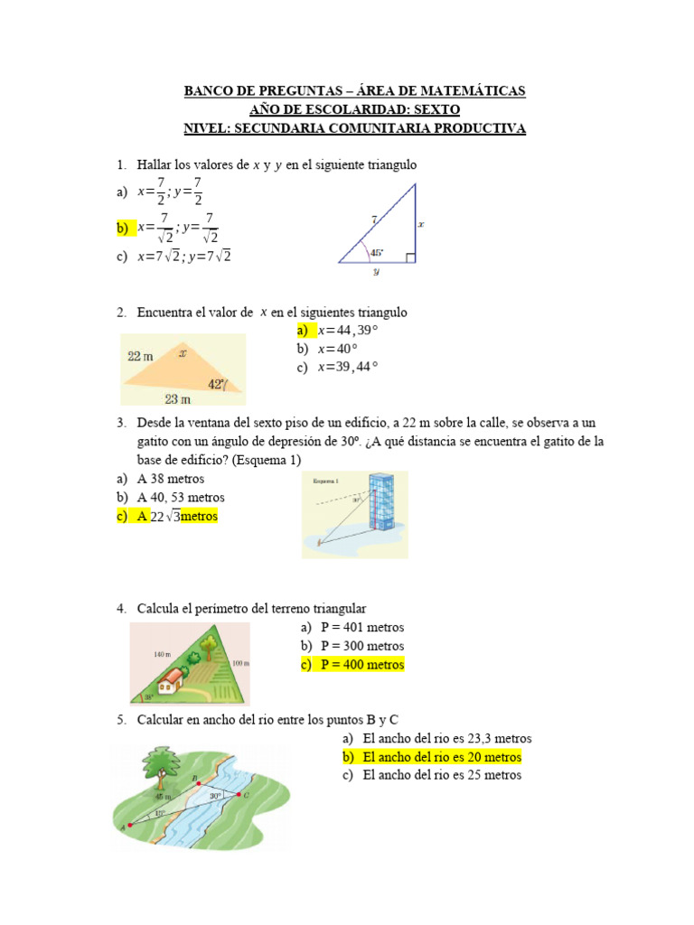 Banco de Preguntas - Matematica - Sexto Sec. | PDF | Pendiente | Línea (geometría)