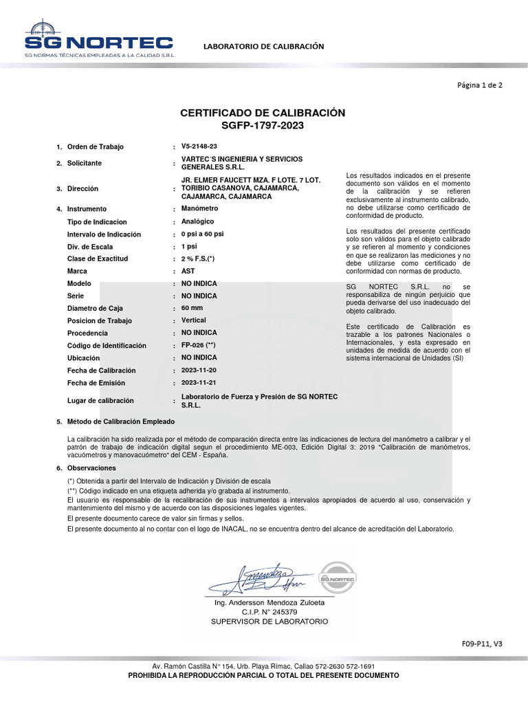 SGFP-1797-2023 VARTEC'S SRL - MANÓMETRO 60 Psi (FP-026) | PDF | Calibración | Metrología