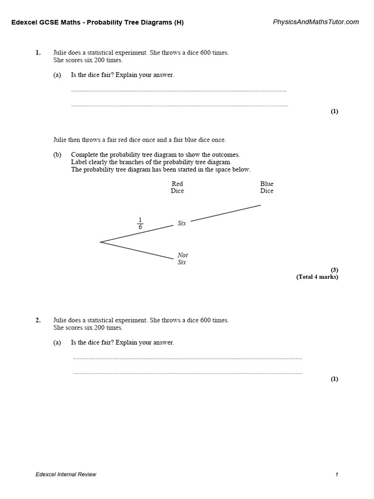 Probability Tree Diagrams Worksheet | PDF