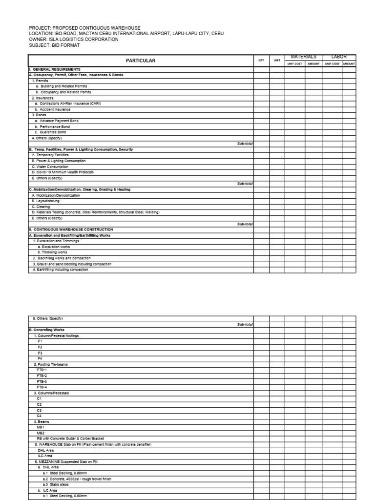 BID FORMAT (MEPF Estimate) | PDF | Plumbing | Drainage