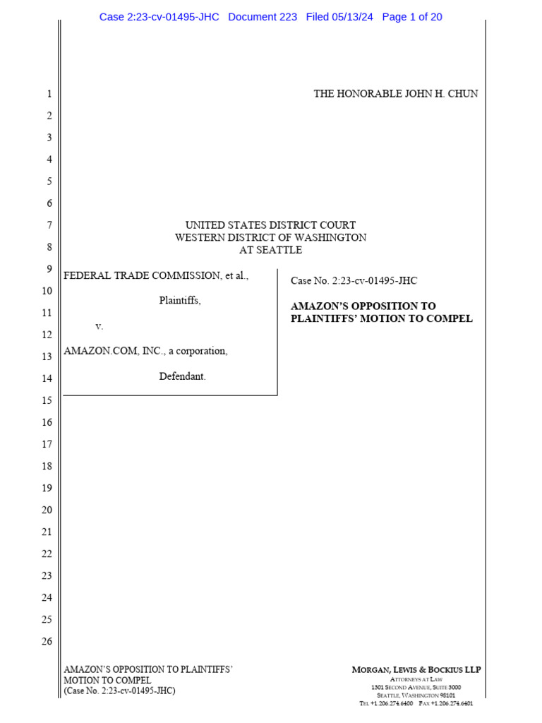 FTC vs. Amazon: AMAZON’S OPPOSITION TO PLAINTIFFS’ MOTION TO COMPEL ...