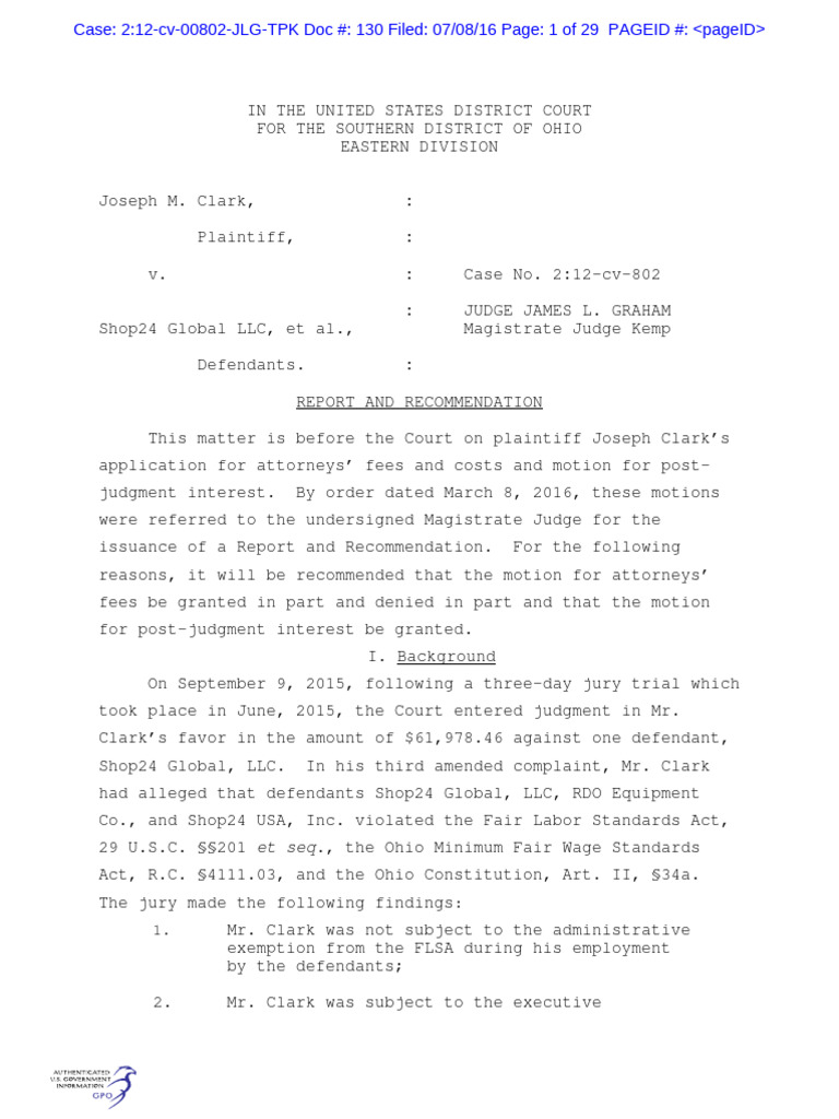 USCOURTS Ohsd 2 - 12 CV 00802 | PDF | Summary Judgment | Overtime
